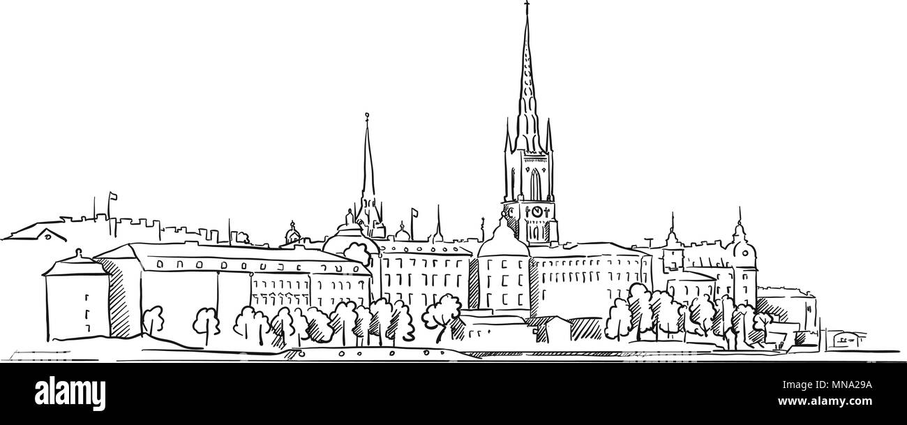 Stockholm Panorama Famous Outline Landmark Sketch, Hand drawn Vector ...