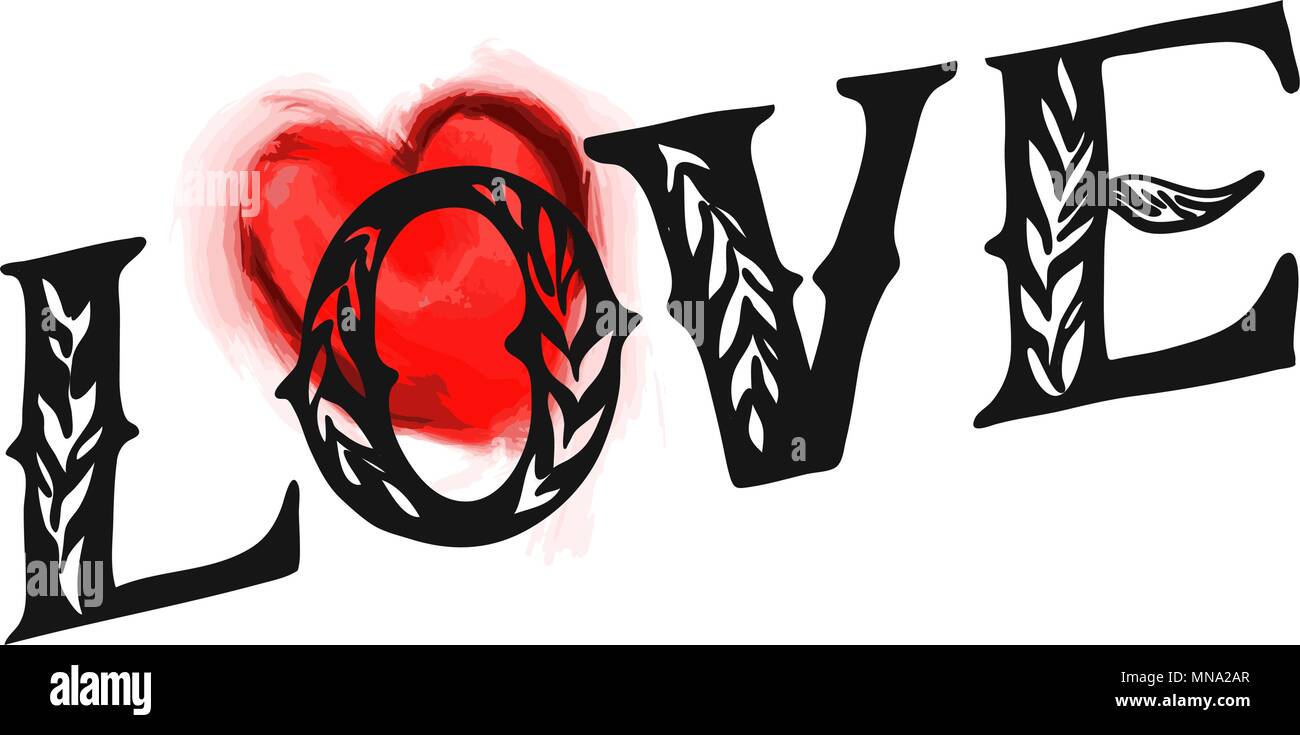 Love Type with red heart, Hand drawn Vector Calligraphy Greeting Card ...