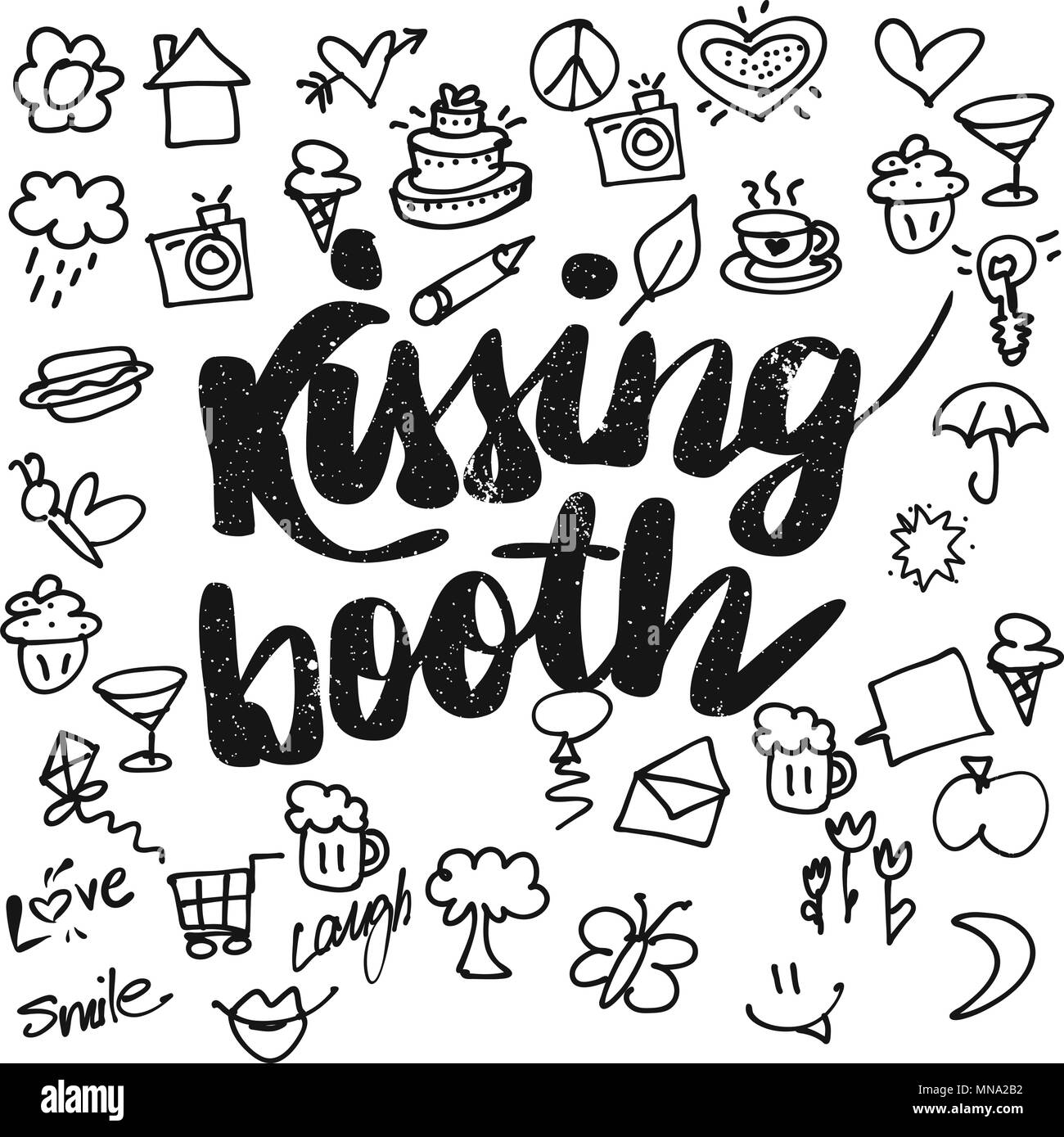 Kissing booth Typo and Doodles, Hand drawn Vector Calligraphy Greeting ...