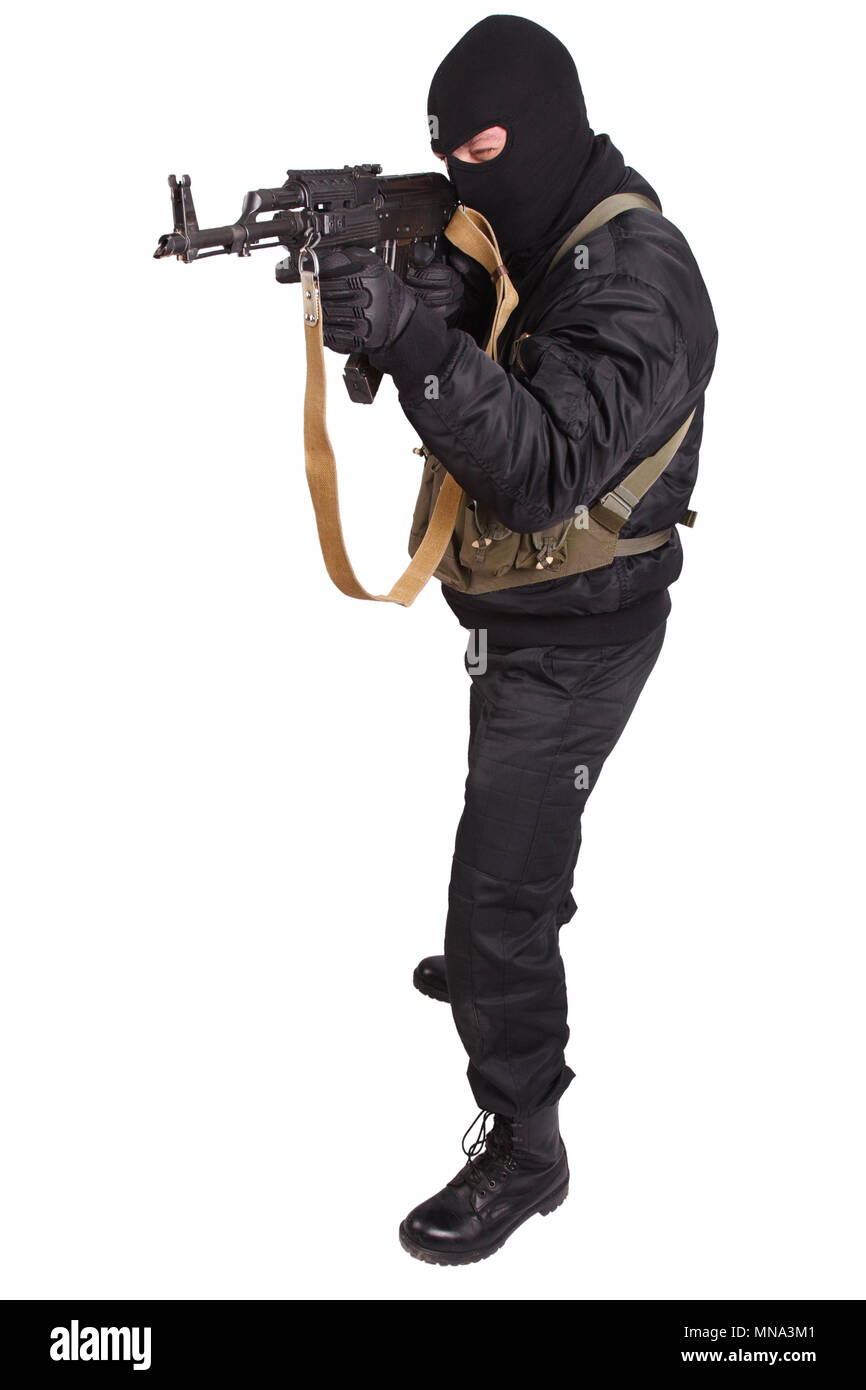 terrorist in black uniform and mask with kalashnikov isolated Stock ...
