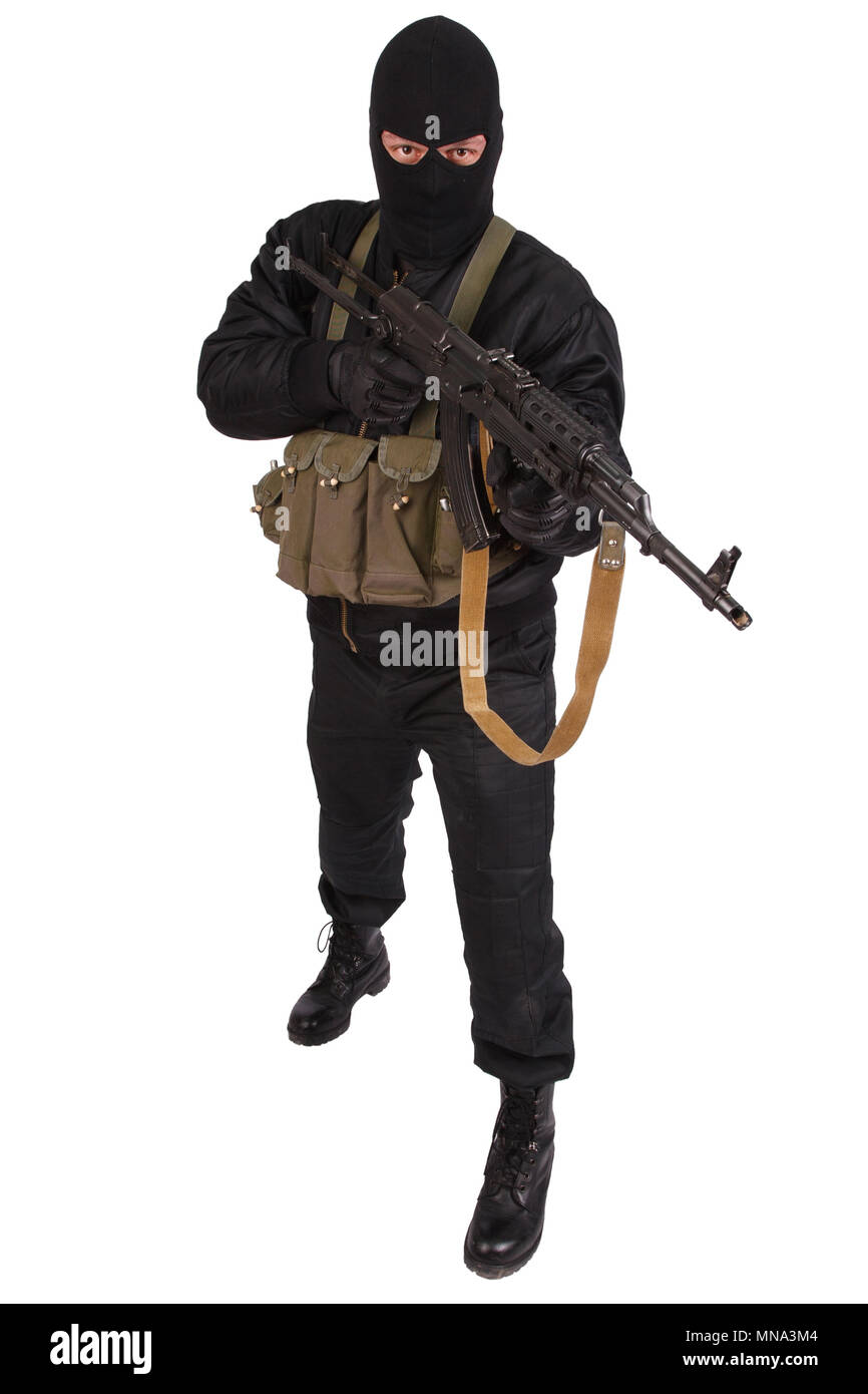 terrorist in black uniform and mask with kalashnikov isolated Stock ...