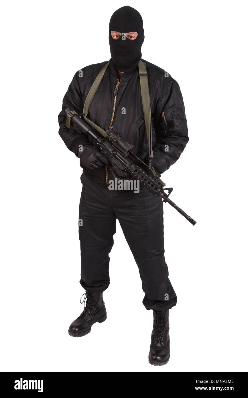 robber in black uniform and mask with m4 rifle isolated Stock Photo - Alamy