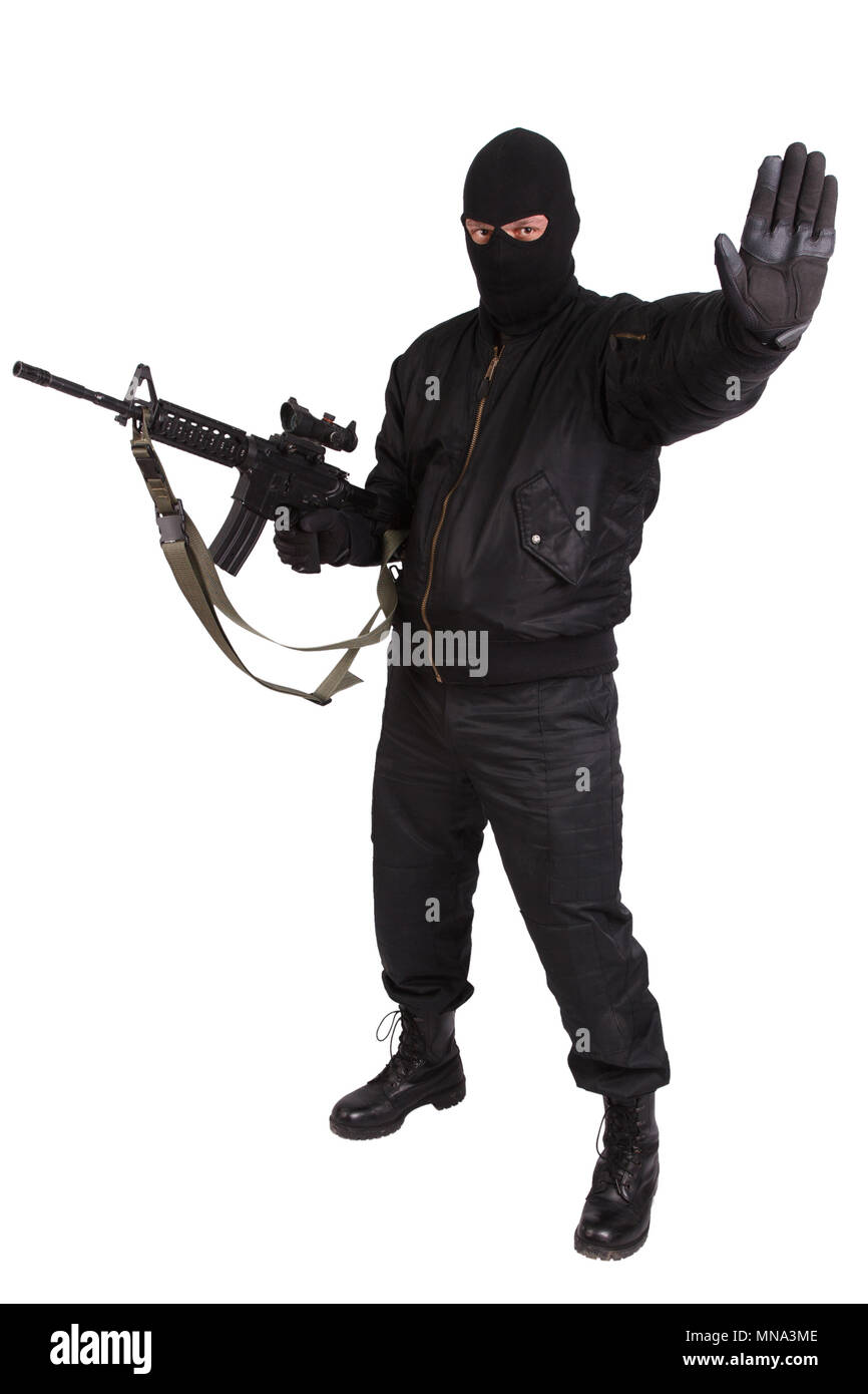 robber in black uniform and mask with m4 rifle isolated Stock Photo - Alamy