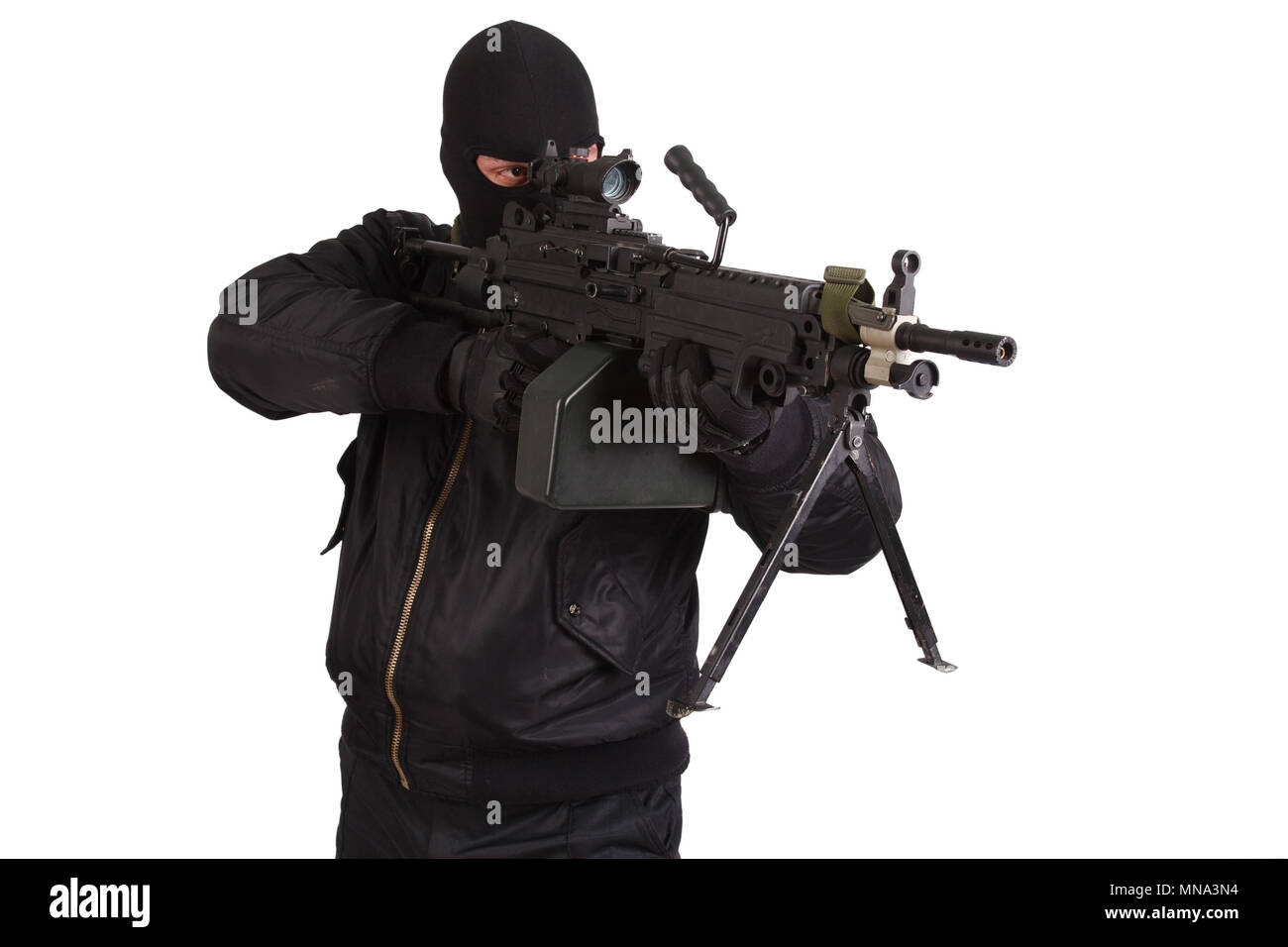 robber in black uniform and mask with machine gun Stock Photo - Alamy