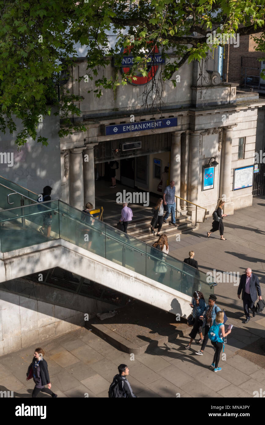 Looking down on embankment tube station on the north bank of the river ...