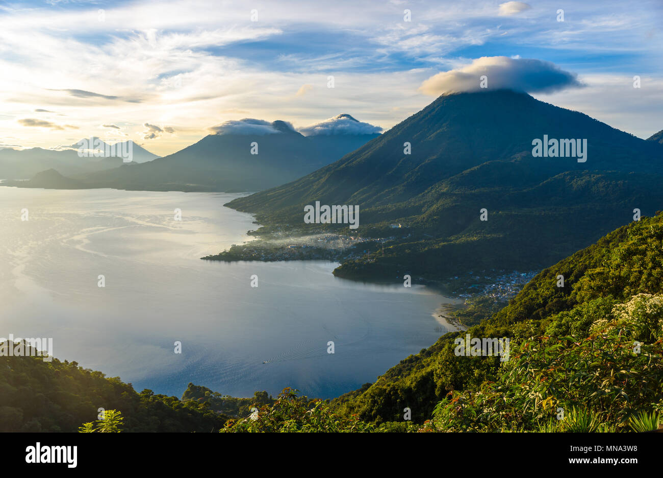 Sunrise in the morning at lake Atitlan, Guatemala - amazing panorama ...