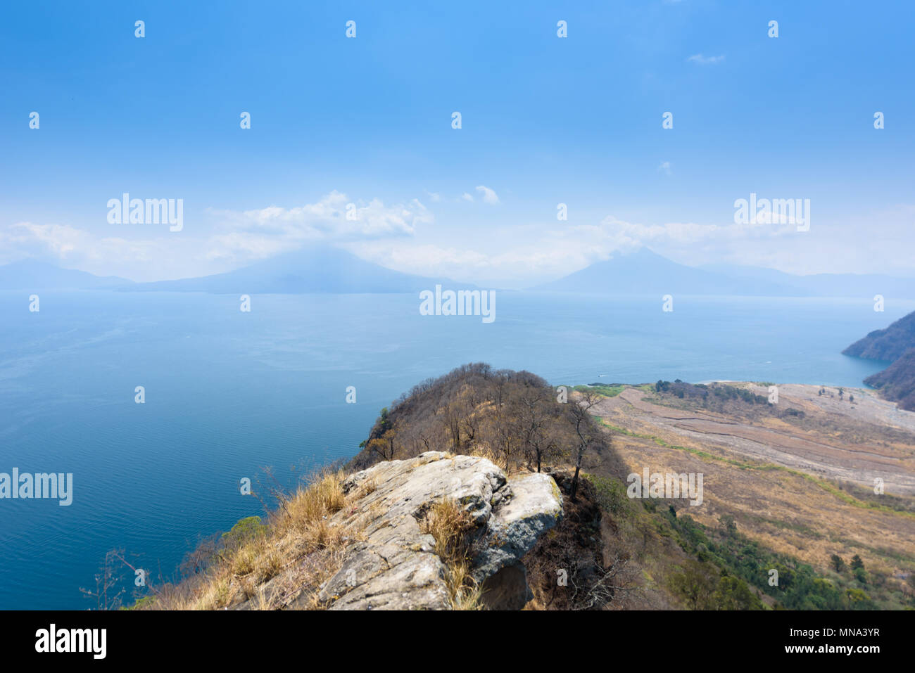 Panorama view of the lake Atitlan and volcanos in the highlands of ...