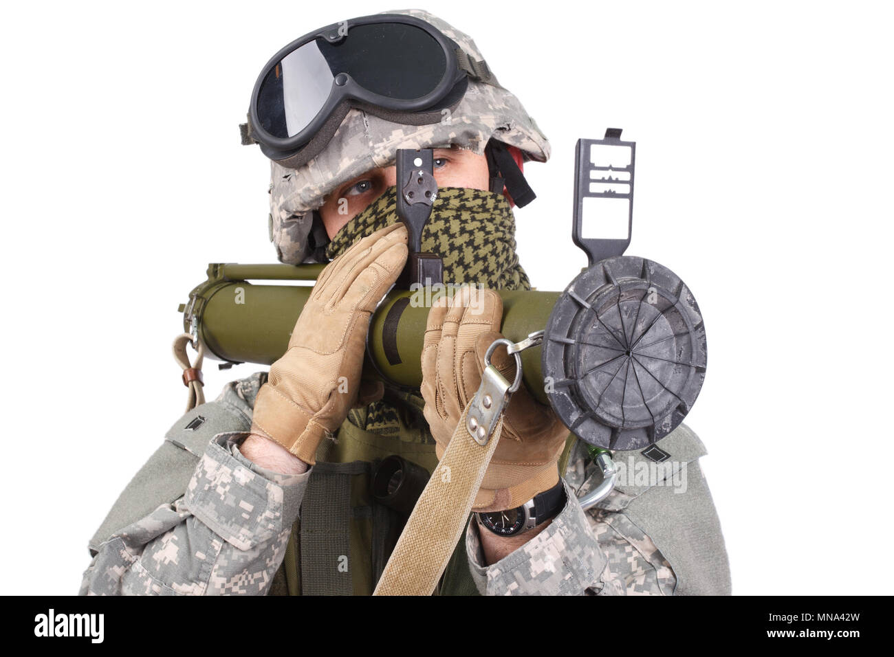 US soldier with anti-tank rocket launcher RPG on white background Stock ...
