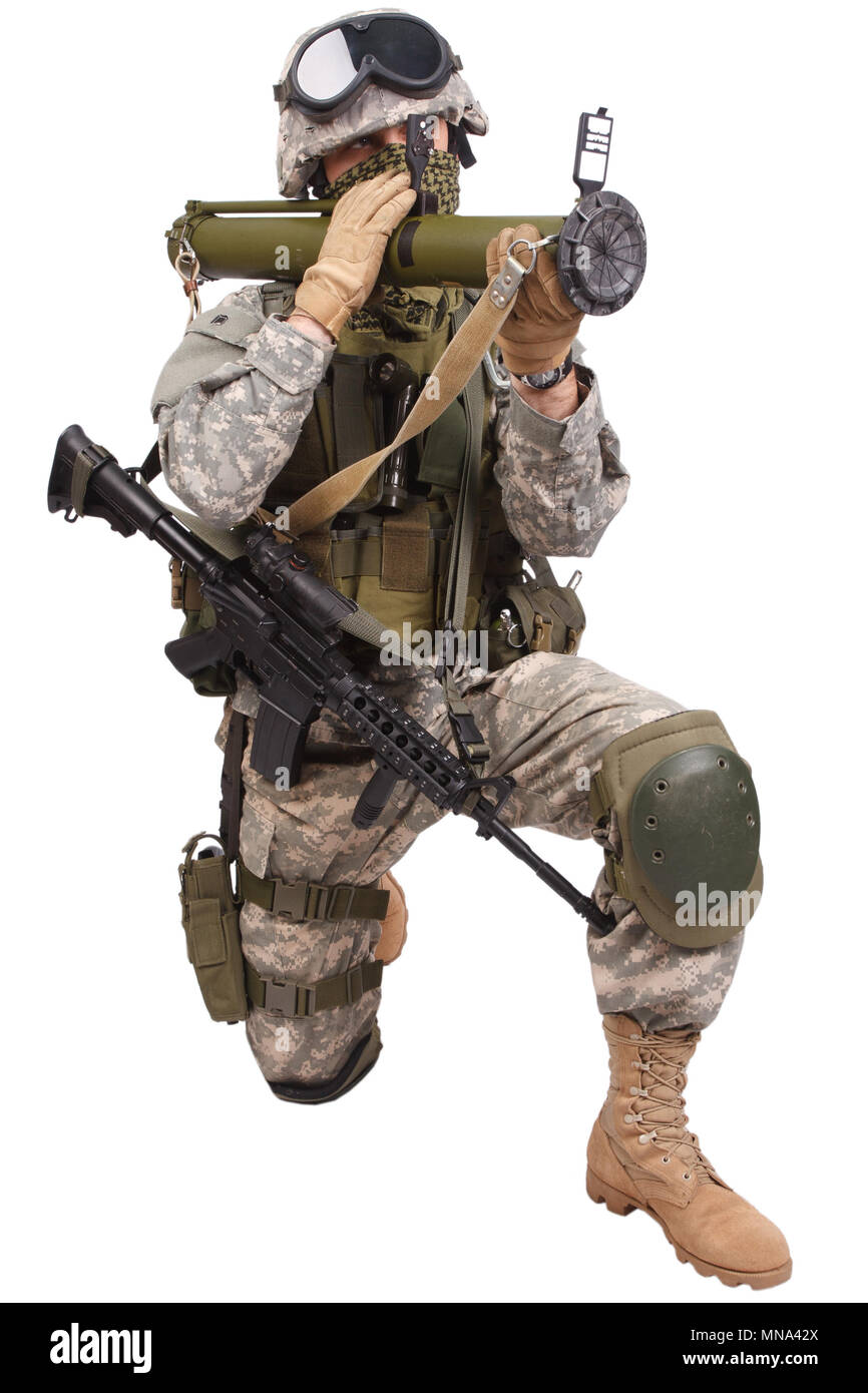 US soldier with anti-tank rocket launcher RPG on white background Stock ...