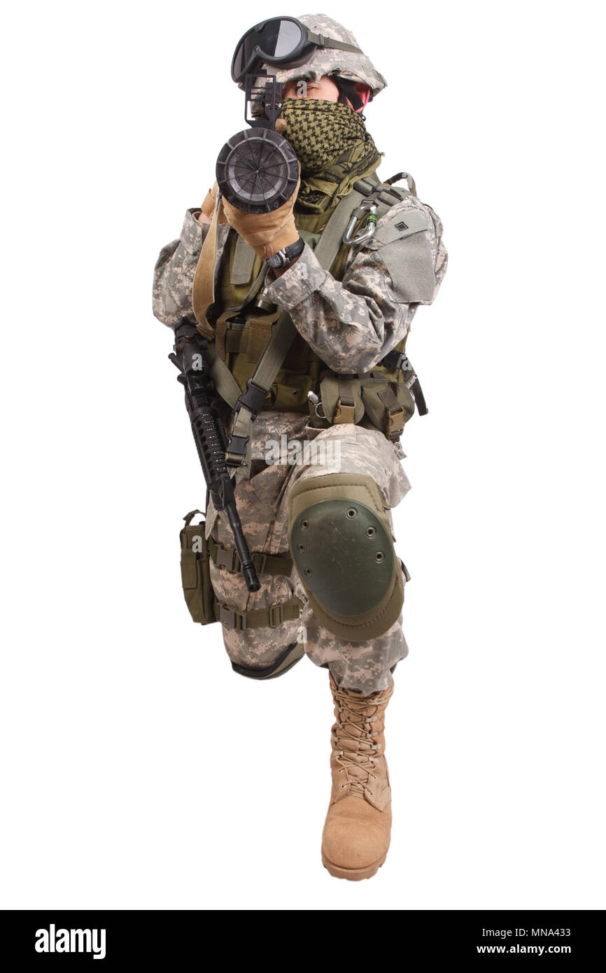 US soldier with anti-tank rocket launcher RPG on white background Stock ...