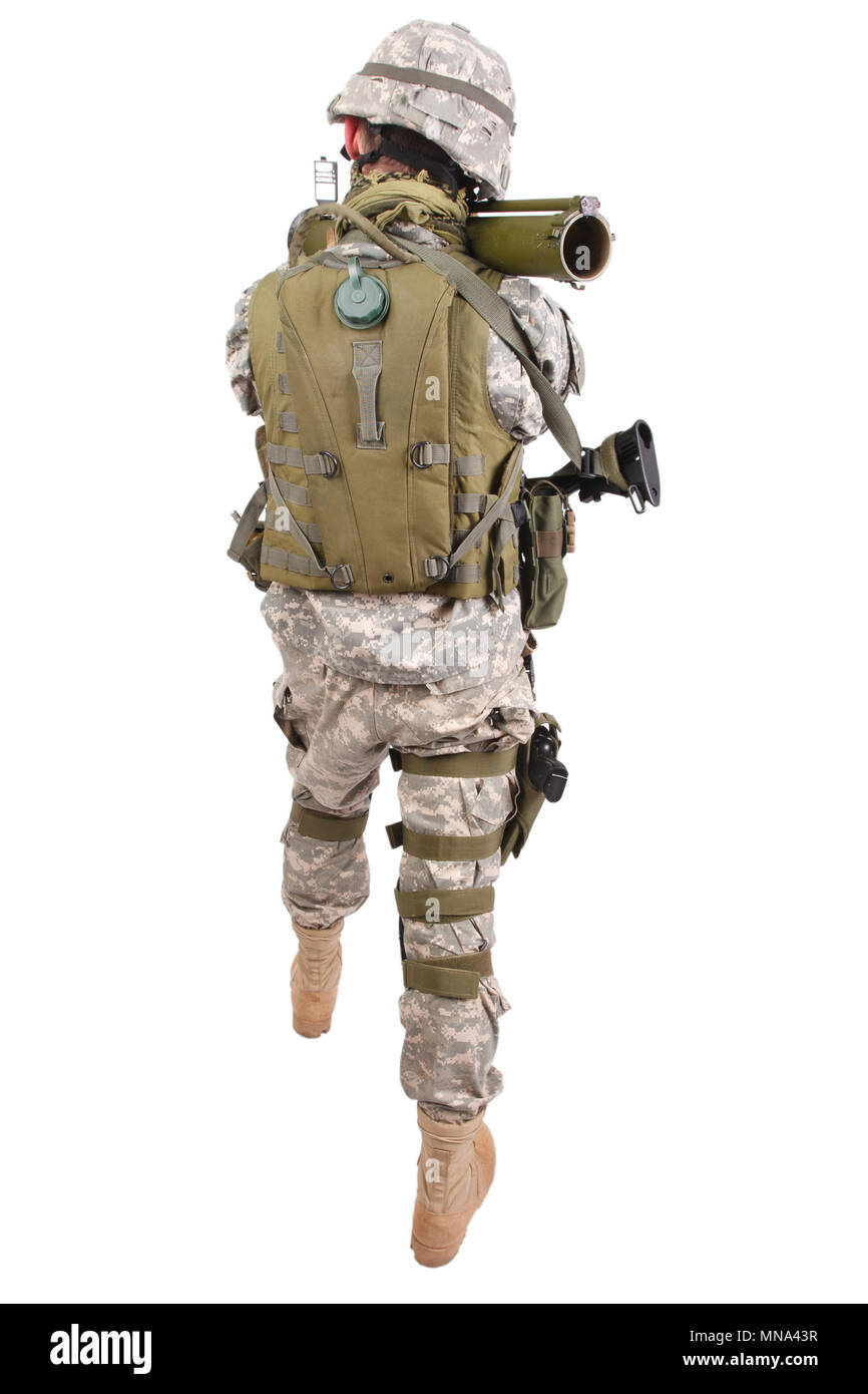 US soldier with anti-tank rocket launcher RPG on white background Stock ...