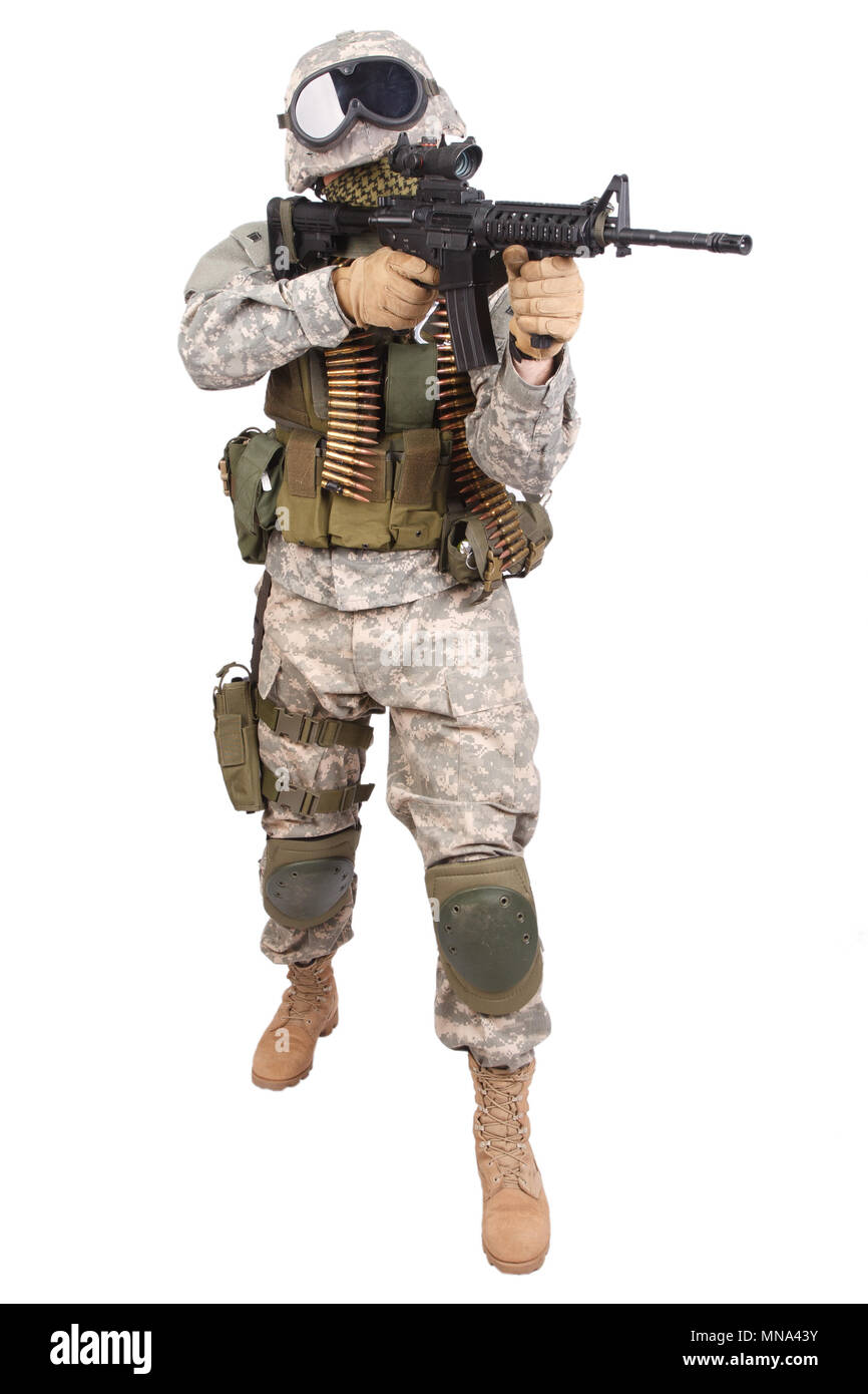 US soldier with rifle on white background Stock Photo - Alamy