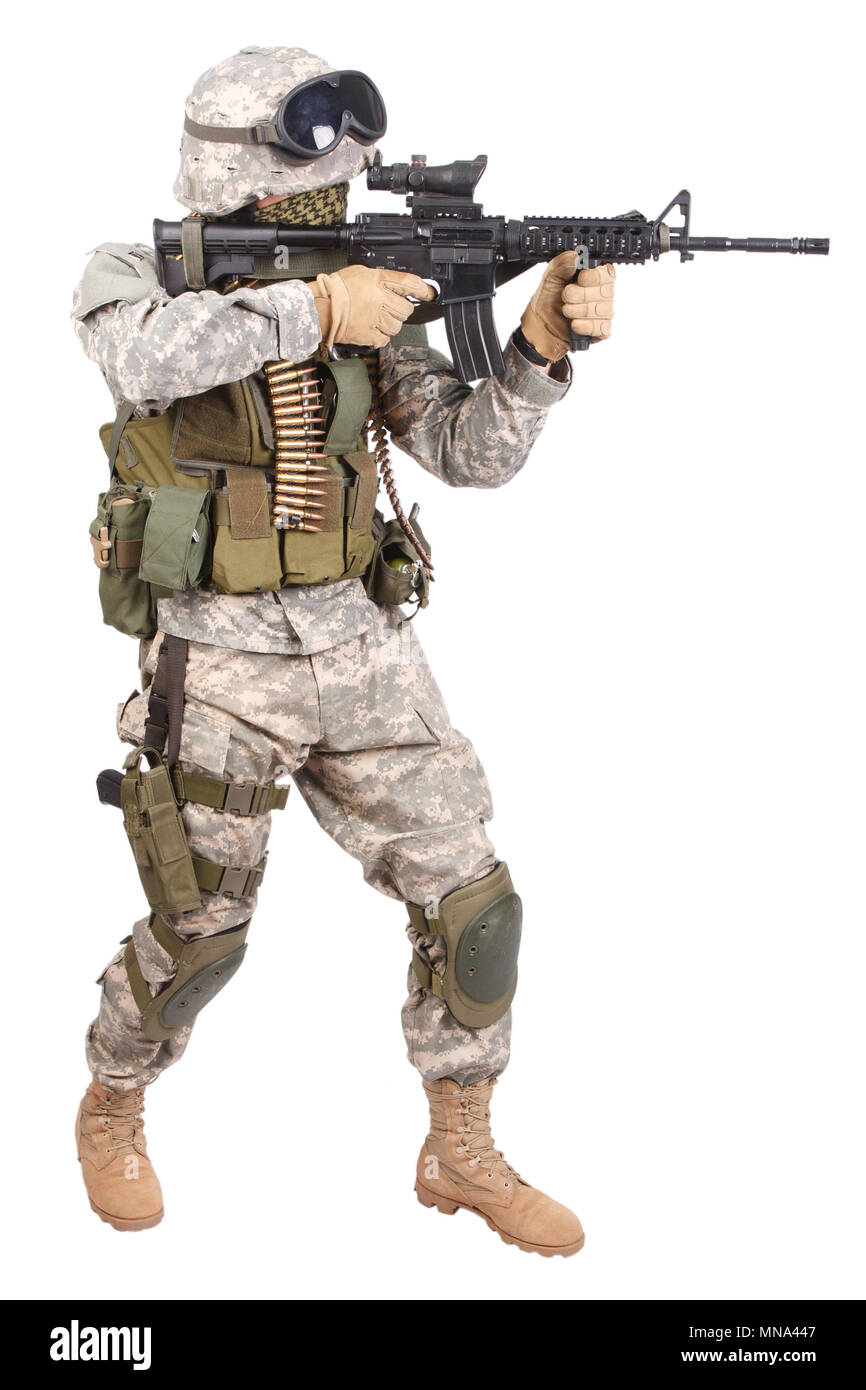 US soldier with rifle on white background Stock Photo - Alamy