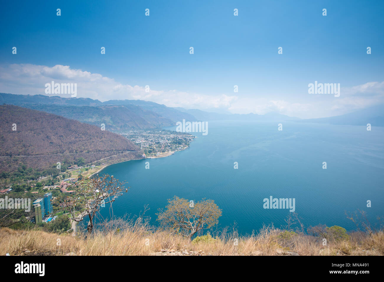 Panorama view to the village Panajachel at the lake Atitlan with ...