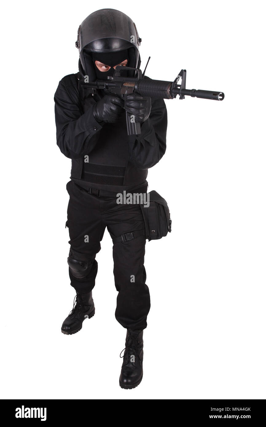 Riot police officer in black uniform isolated on white Stock Photo - Alamy