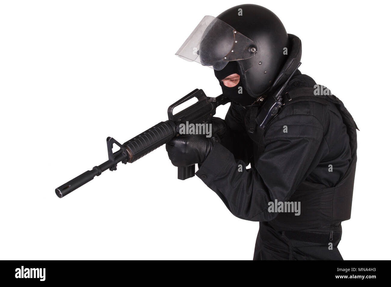 Riot police officer in black uniform isolated on white Stock Photo - Alamy