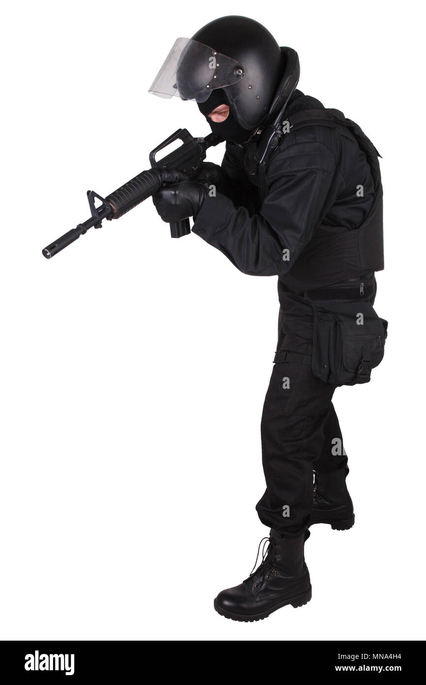 Riot police officer in black uniform isolated on white Stock Photo - Alamy