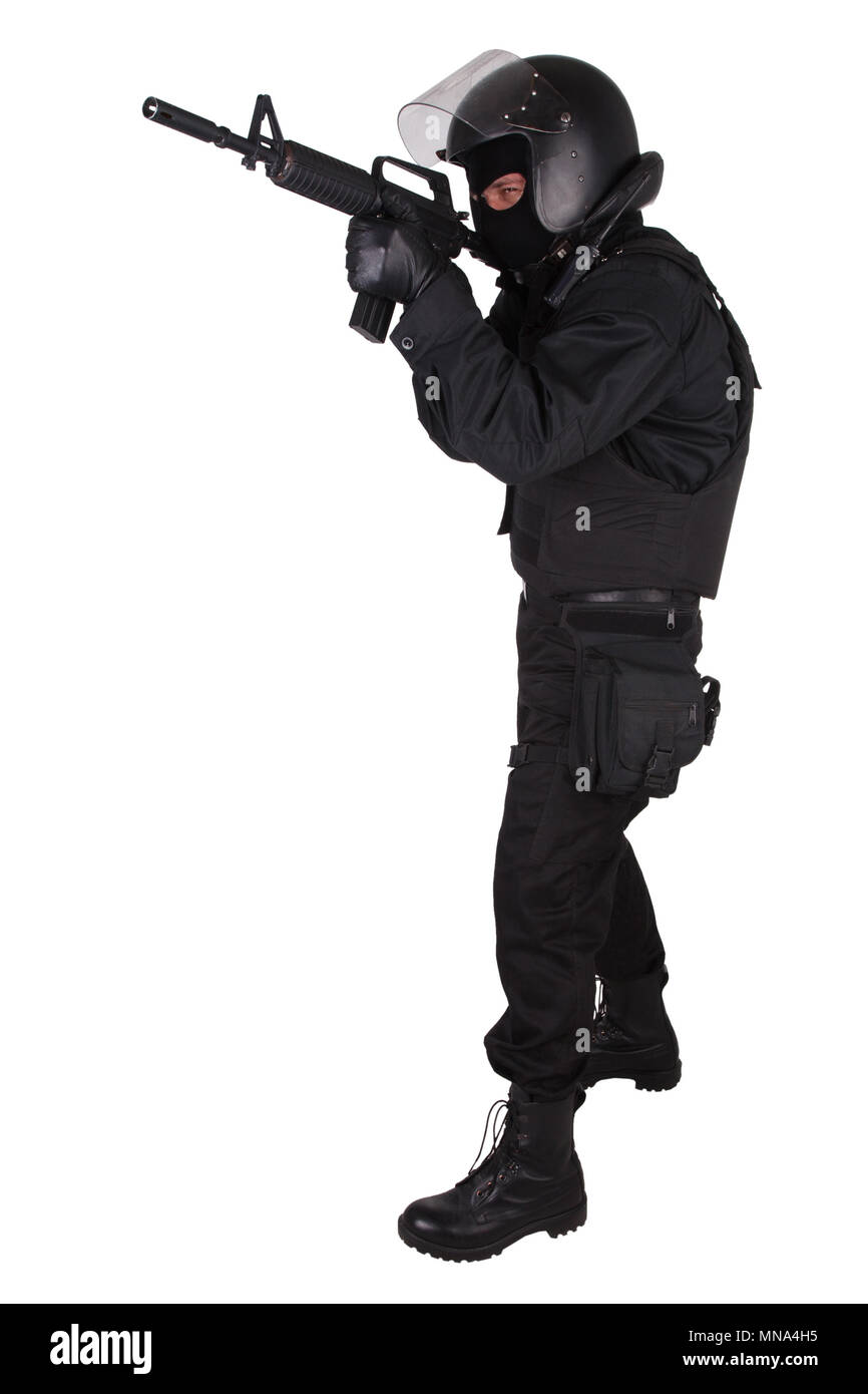 Riot police officer in black uniform isolated on white Stock Photo - Alamy