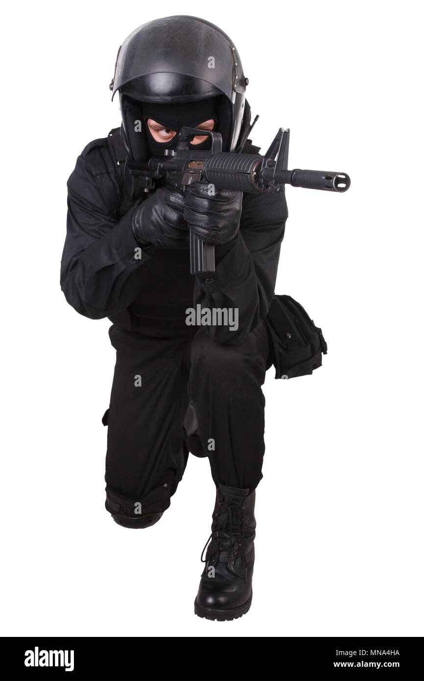 Riot police officer in black uniform isolated on white Stock Photo - Alamy