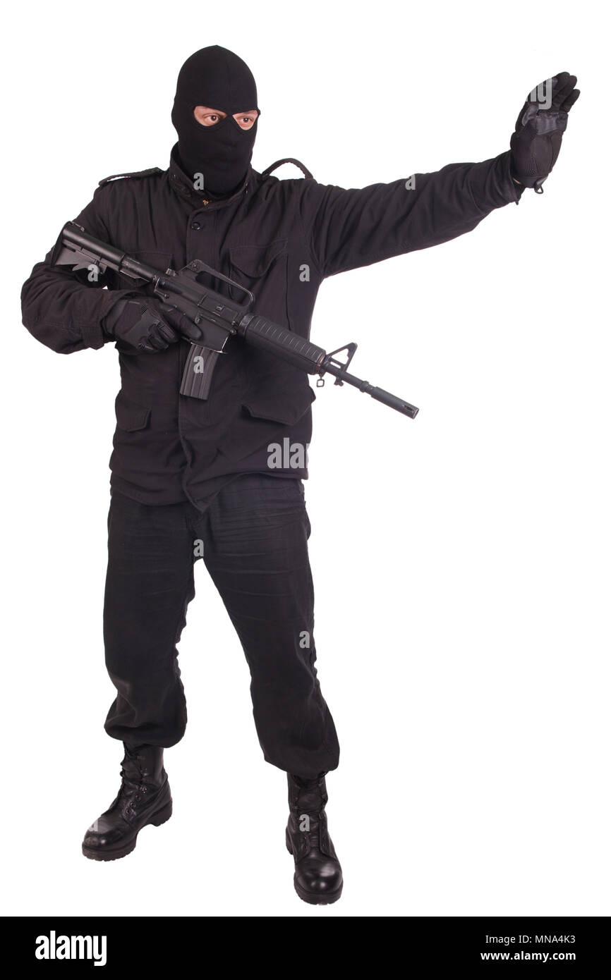 man in black uniform with M16 rifle isolated on white Stock Photo - Alamy