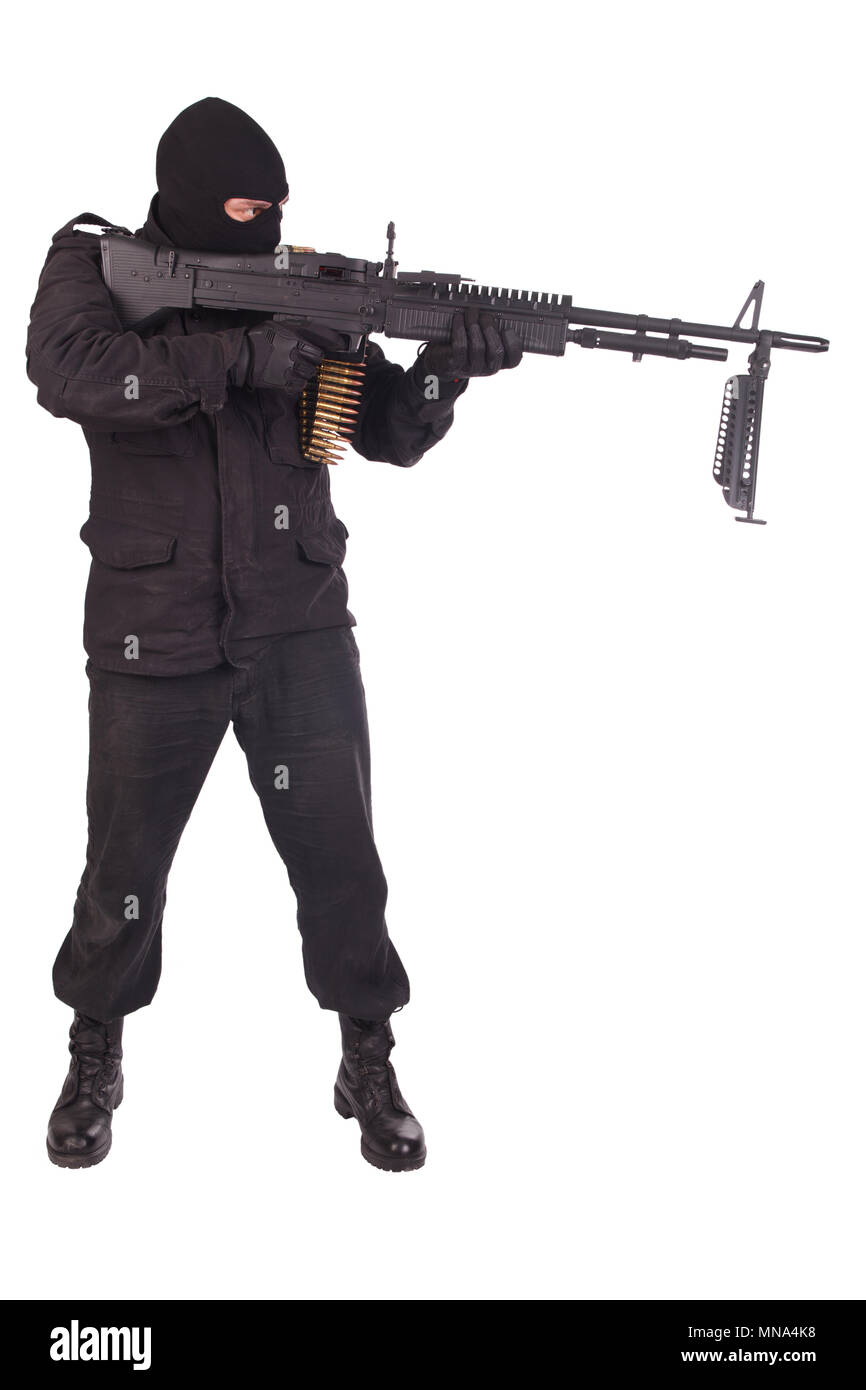 man in black uniforms with machine gun isolated on white Stock Photo ...