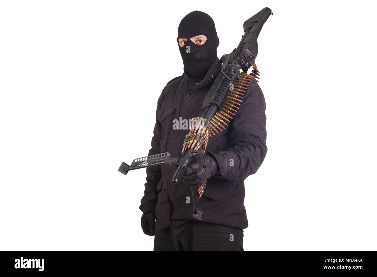 man in black uniforms with machine gun isolated on white Stock Photo ...