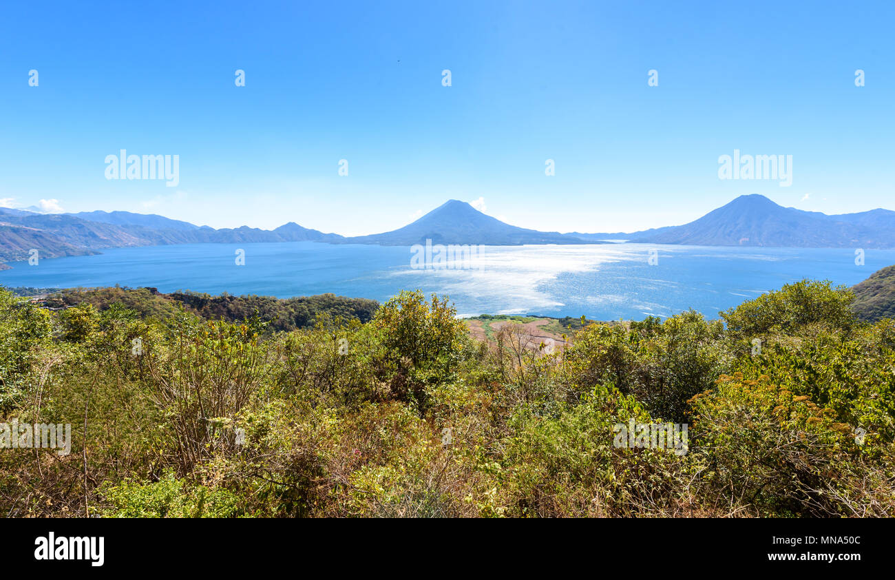 Panorama view to the lake Atitlan and volcanos - Guatemala Stock Photo ...