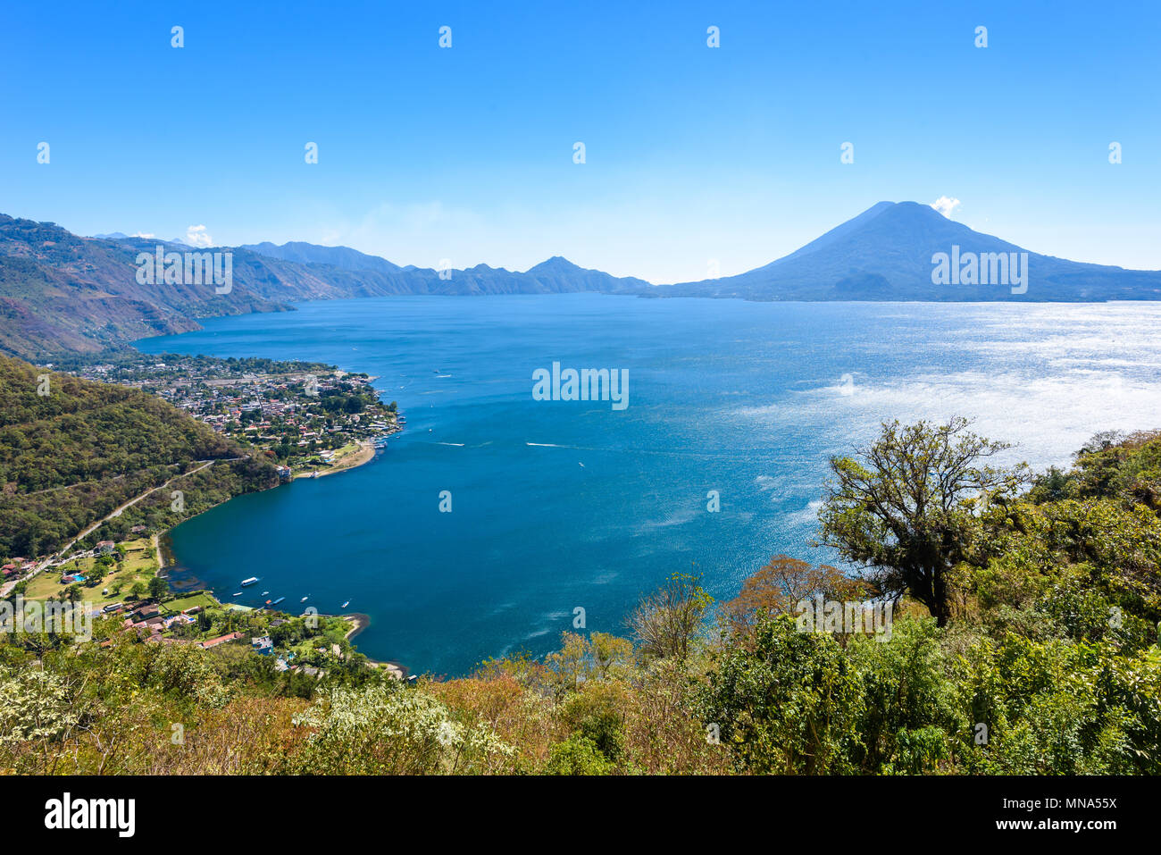 Panorama view to the village Panajachel at the lake Atitlan with ...