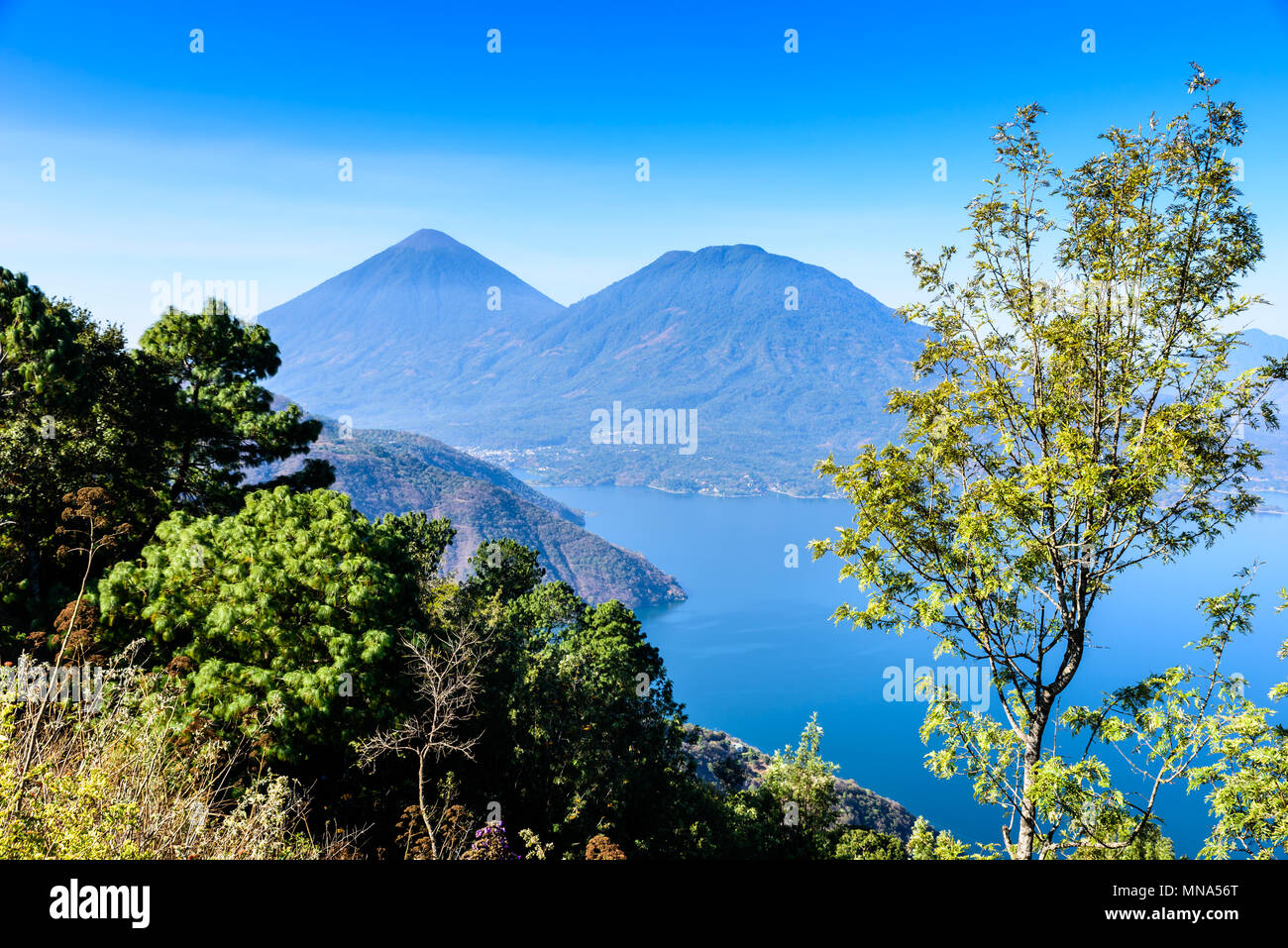 Panorama view of the lake Atitlan and volcanos in the highlands of ...