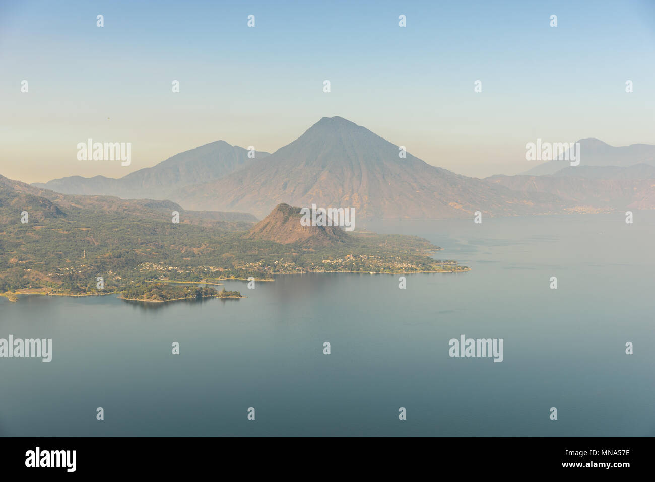 Panorama view of the lake Atitlan and volcanos in the highlands of ...