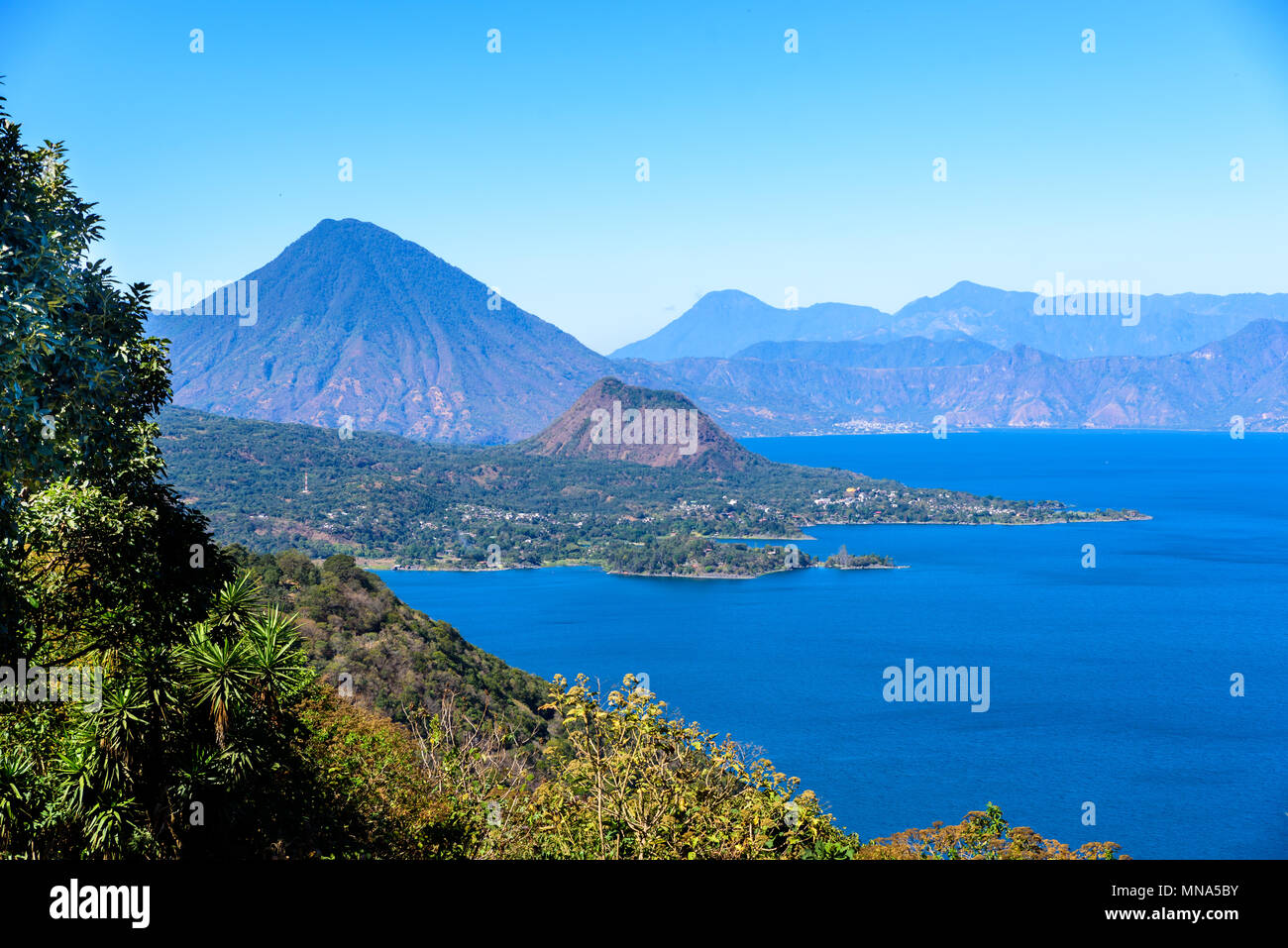 Panorama view of the lake Atitlan and volcanos in the highlands of ...