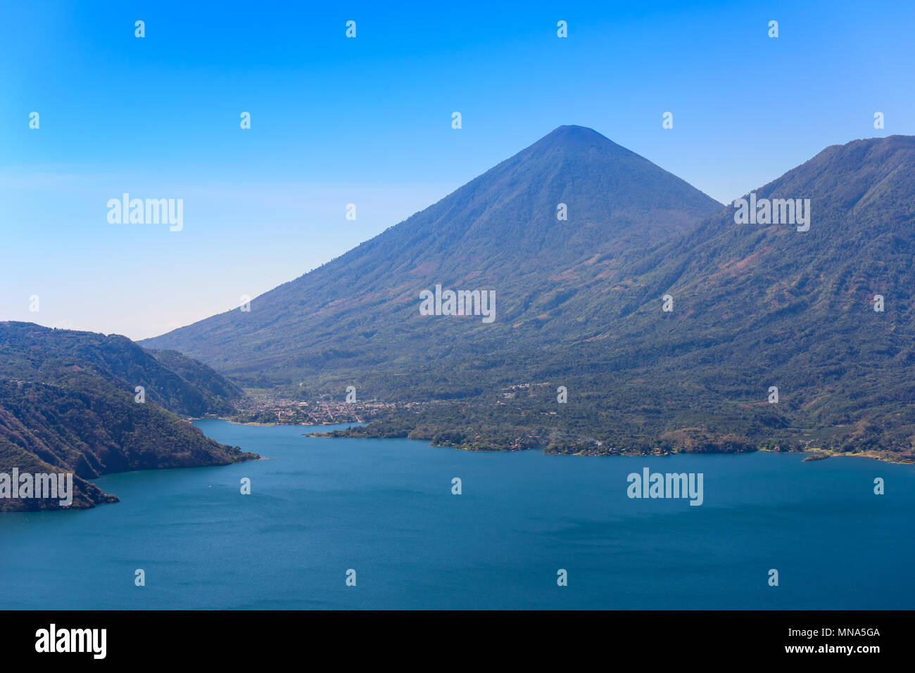Panorama view of the lake Atitlan and volcanos in the highlands of ...
