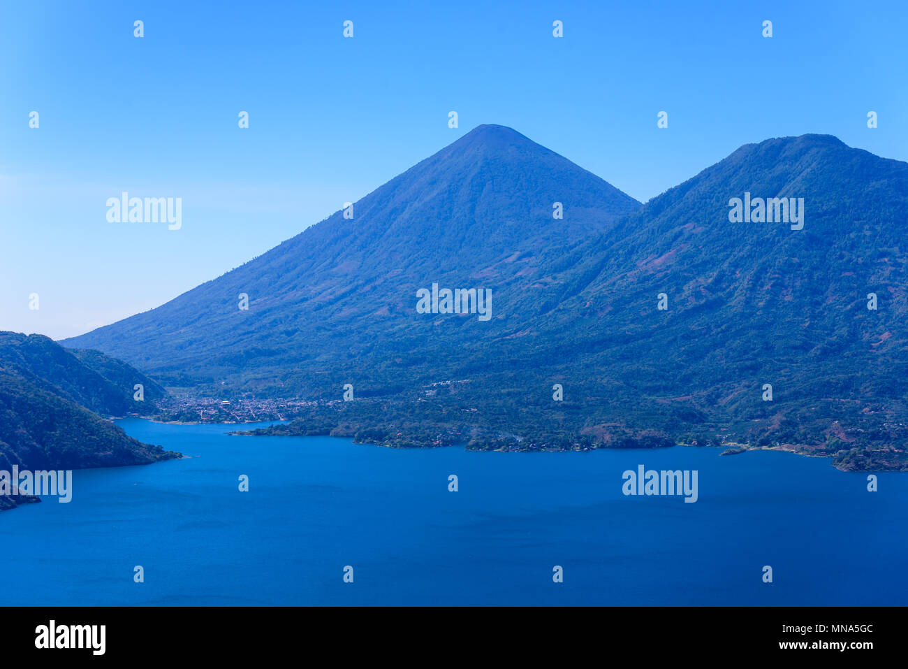 Panorama view of the lake Atitlan and volcanos in the highlands of ...