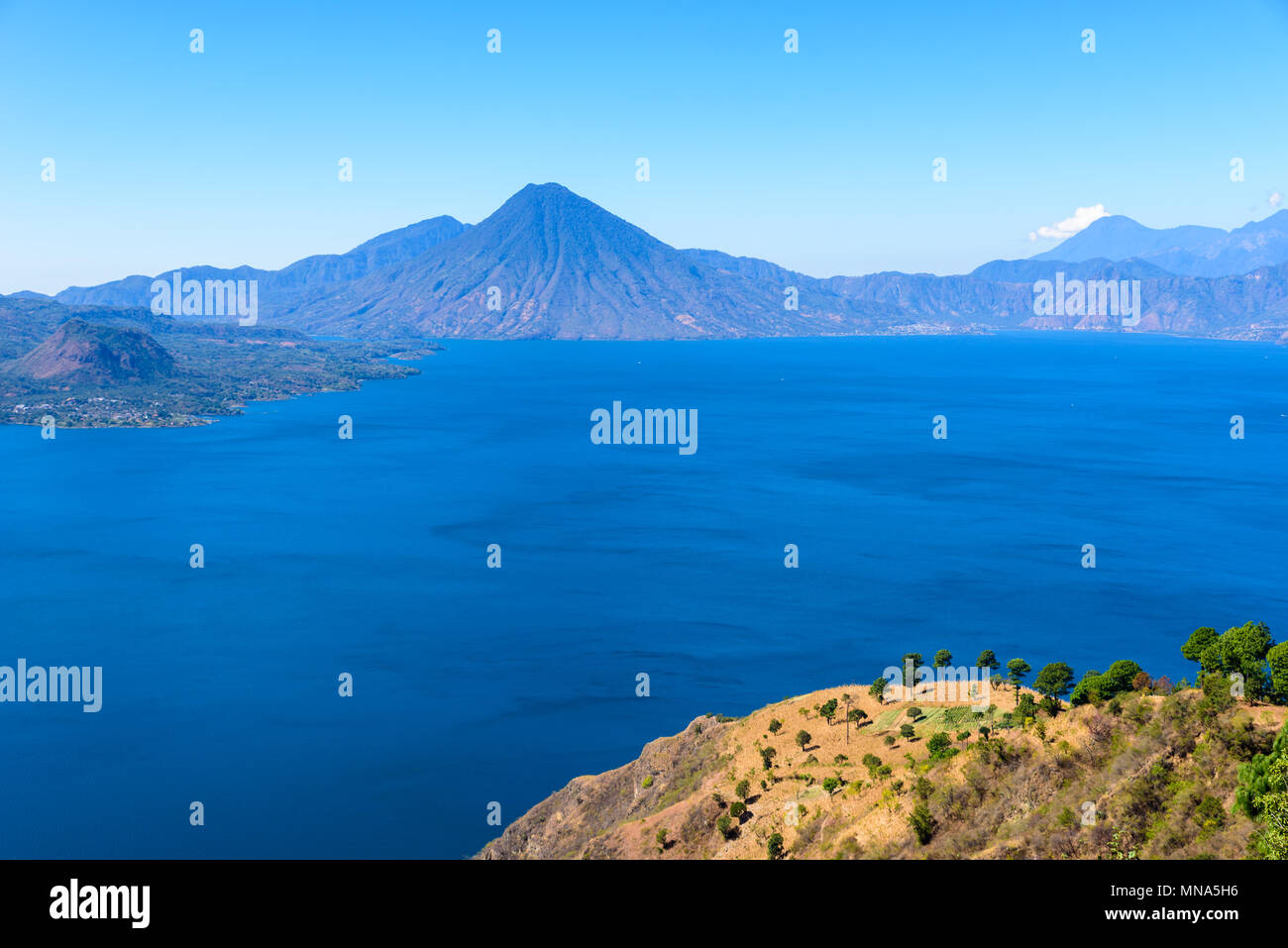Panorama view of the lake Atitlan and volcanos in the highlands of ...