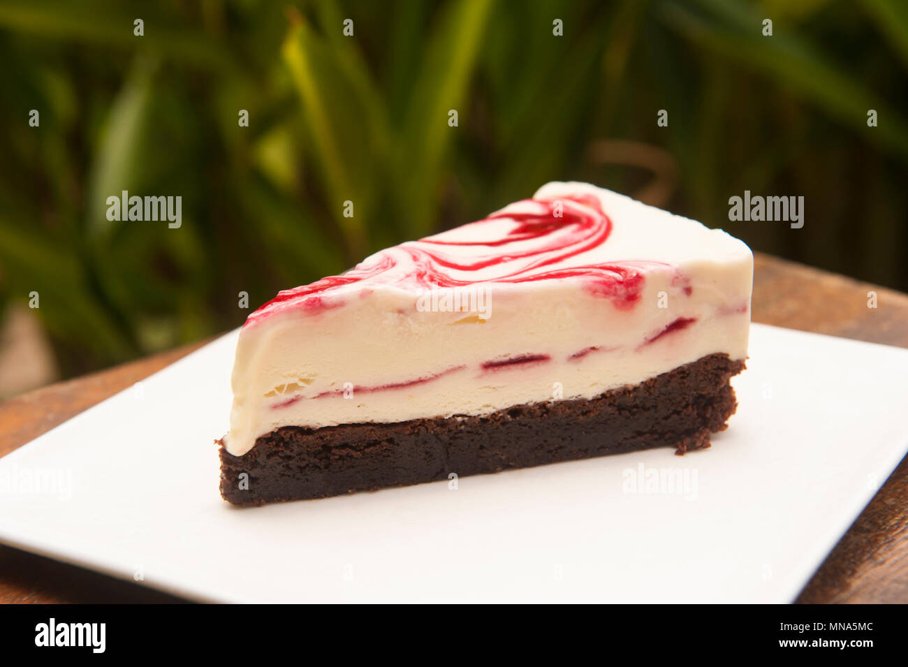 Piece of raspberry ripple ice cream on a chocolate brownie Stock Photo ...