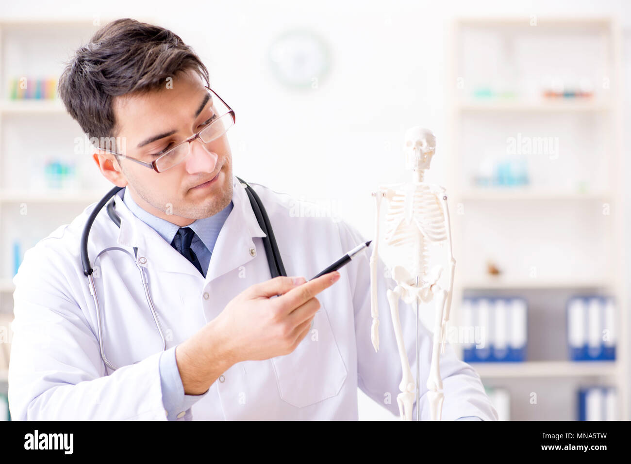 Doctor explaining human body on skeleton Stock Photo - Alamy