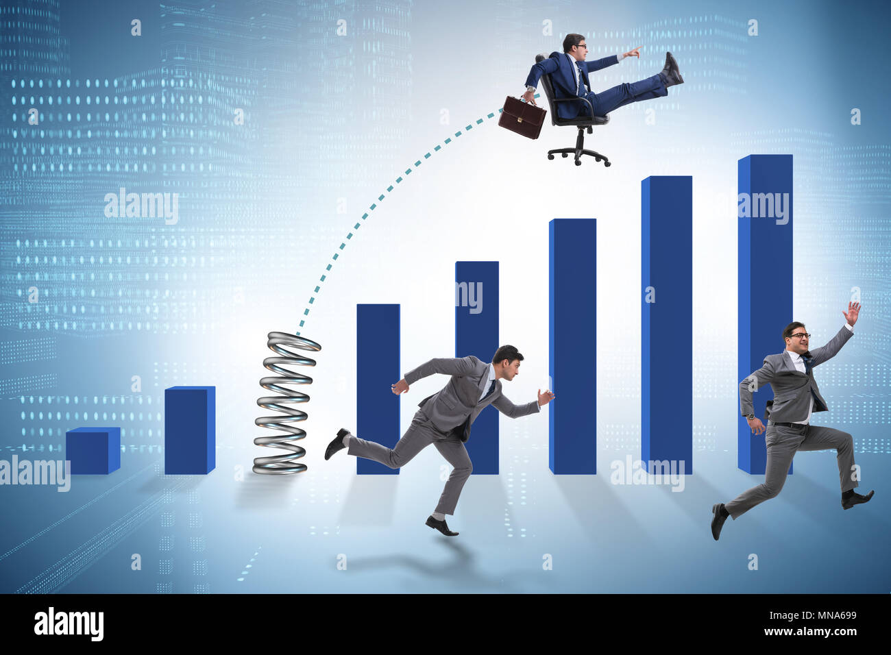 Business people jumping over bar charts Stock Photo - Alamy