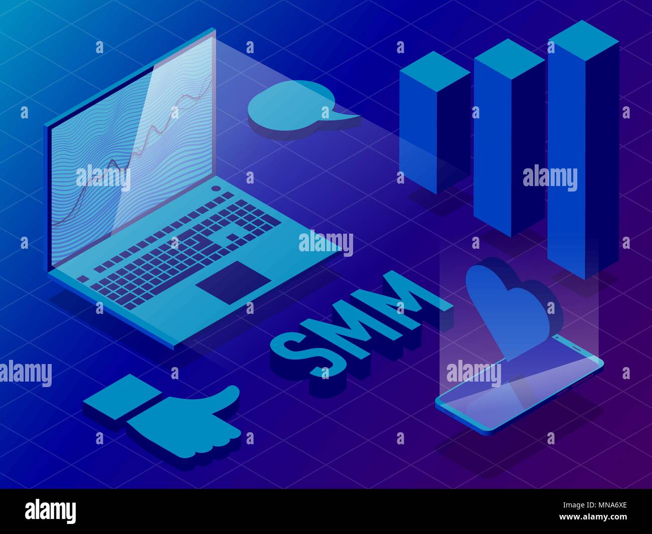 Laptop, mobile phone, graph, message icons, hearts, like. SMM ...