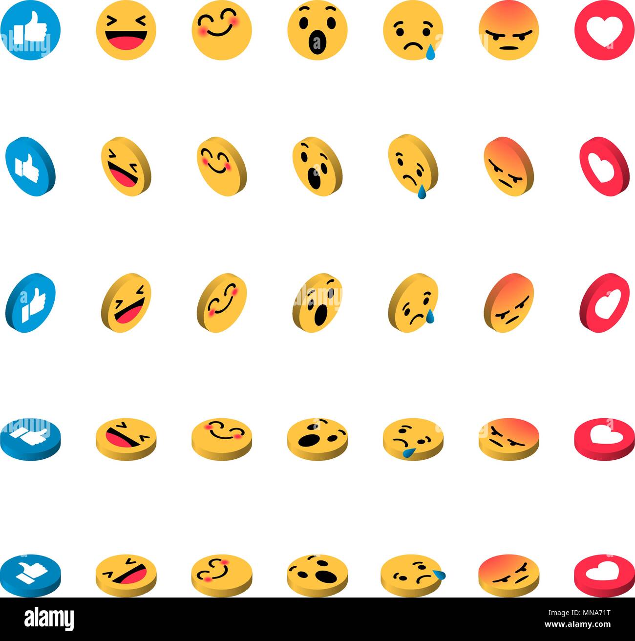 Yellow round smiley of different emotions, like, heart in isometric ...