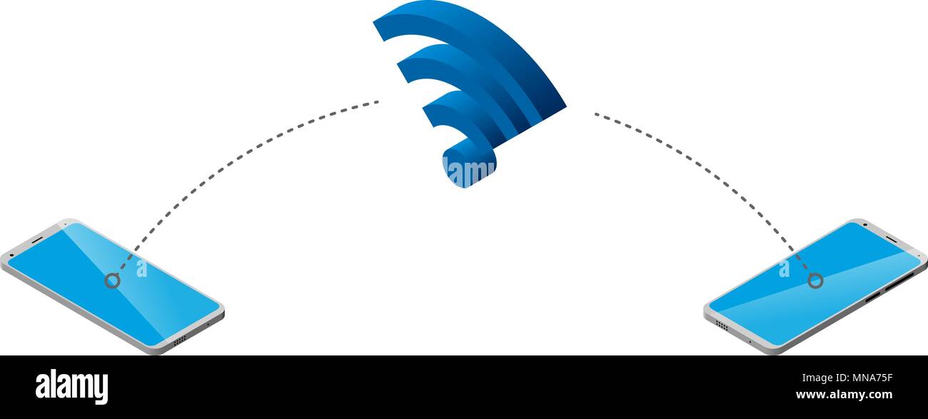 two cell phones and Wi-Fi sign. isometry. white background. Wireless ...