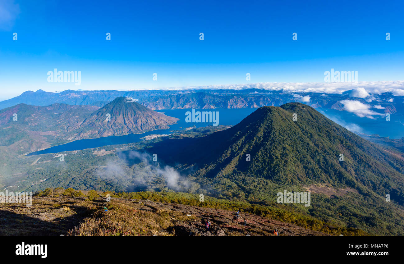 Panorama view of Lake Atitlan and volcano San Pedro and Toliman early ...