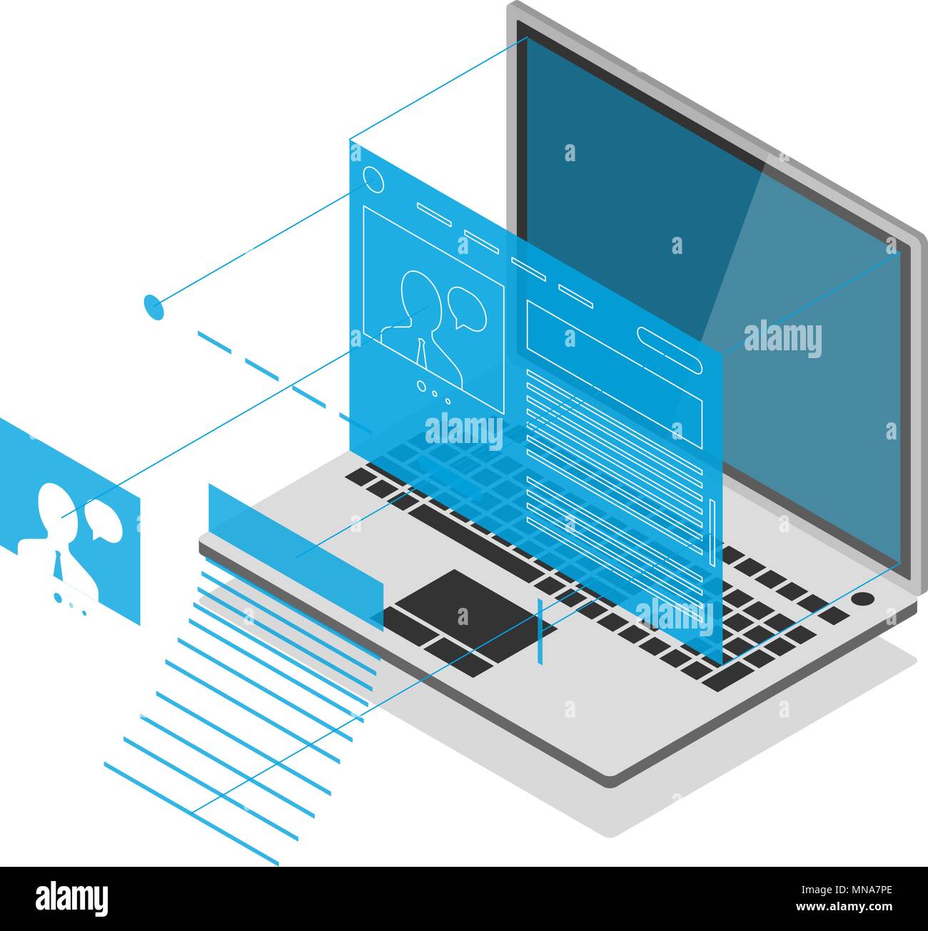 Open laptop with template news website. Isometry, 3d. Projection of ...
