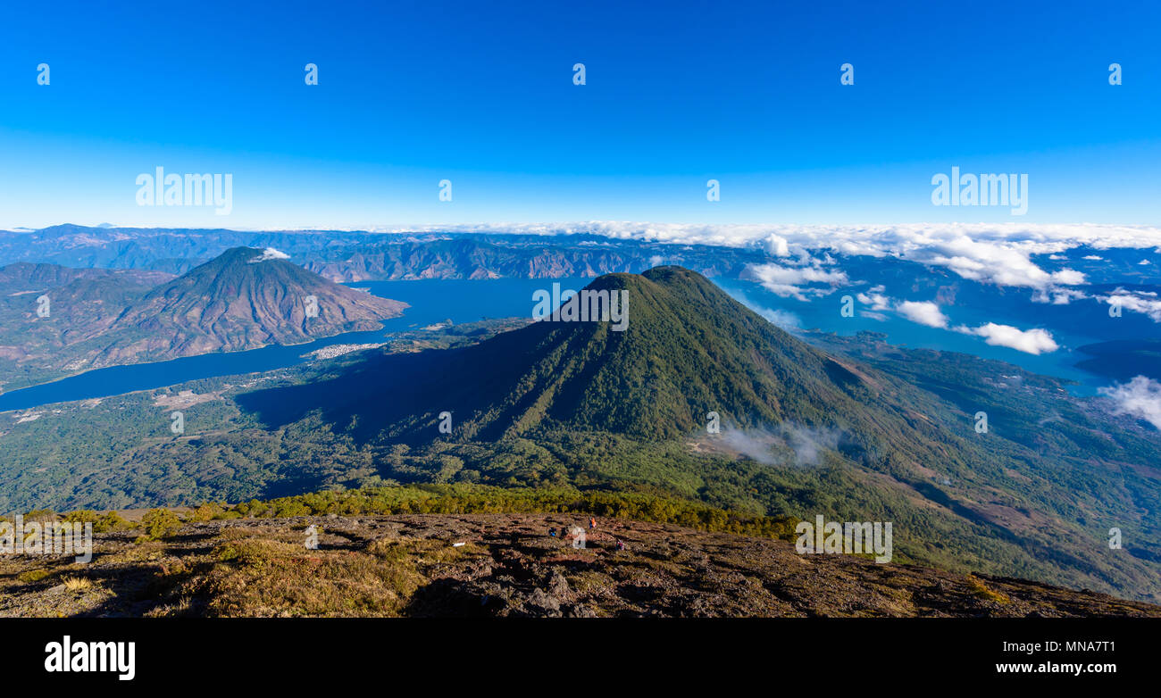 Panorama view of Lake Atitlan and volcano San Pedro and Toliman early ...