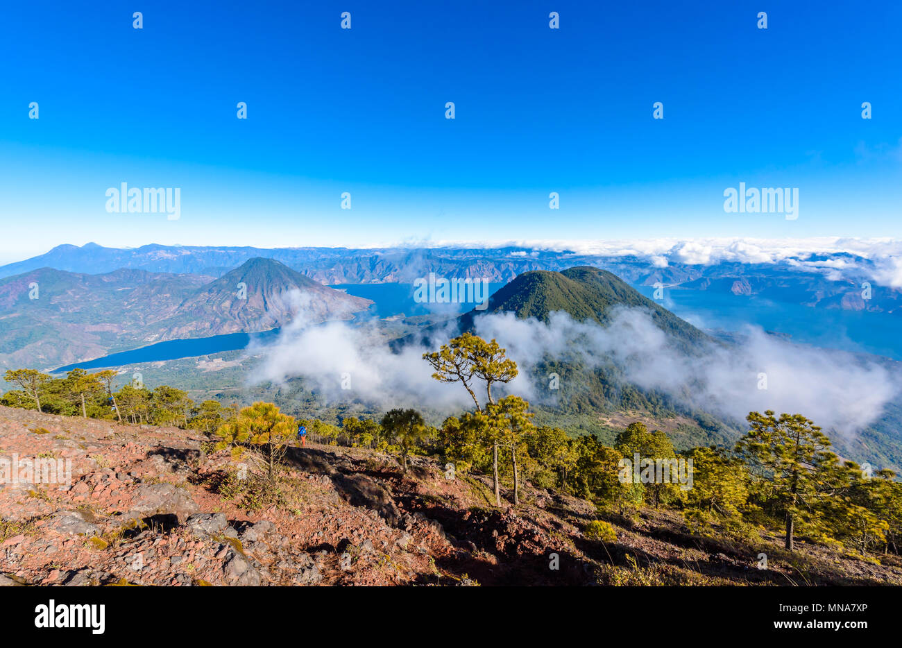Panorama view of Lake Atitlan and volcano San Pedro and Toliman early ...