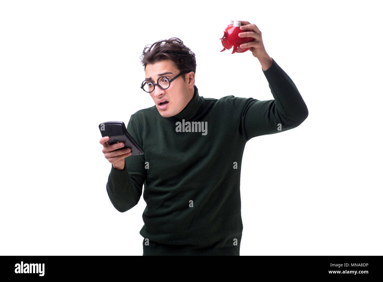 Nerd young man with piggybank isolated on white Stock Photo - Alamy