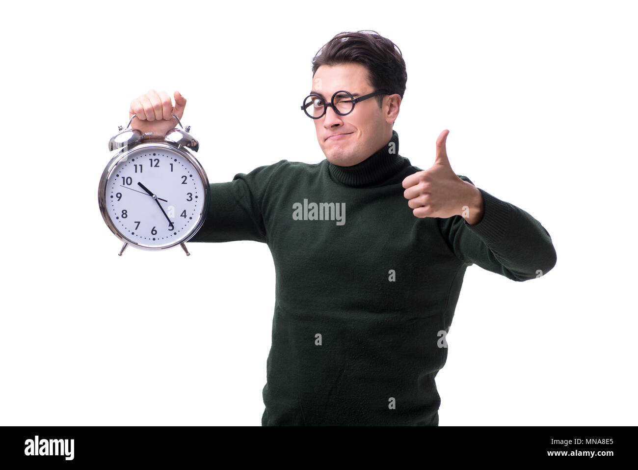 Nerd young money with giant clock isolated on white Stock Photo - Alamy