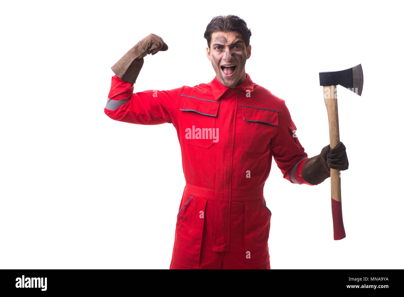 Contractor employee with axe on white background Stock Photo - Alamy