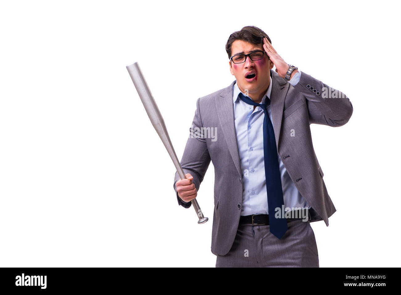 Businessman with baseball bat isolated on white Stock Photo - Alamy