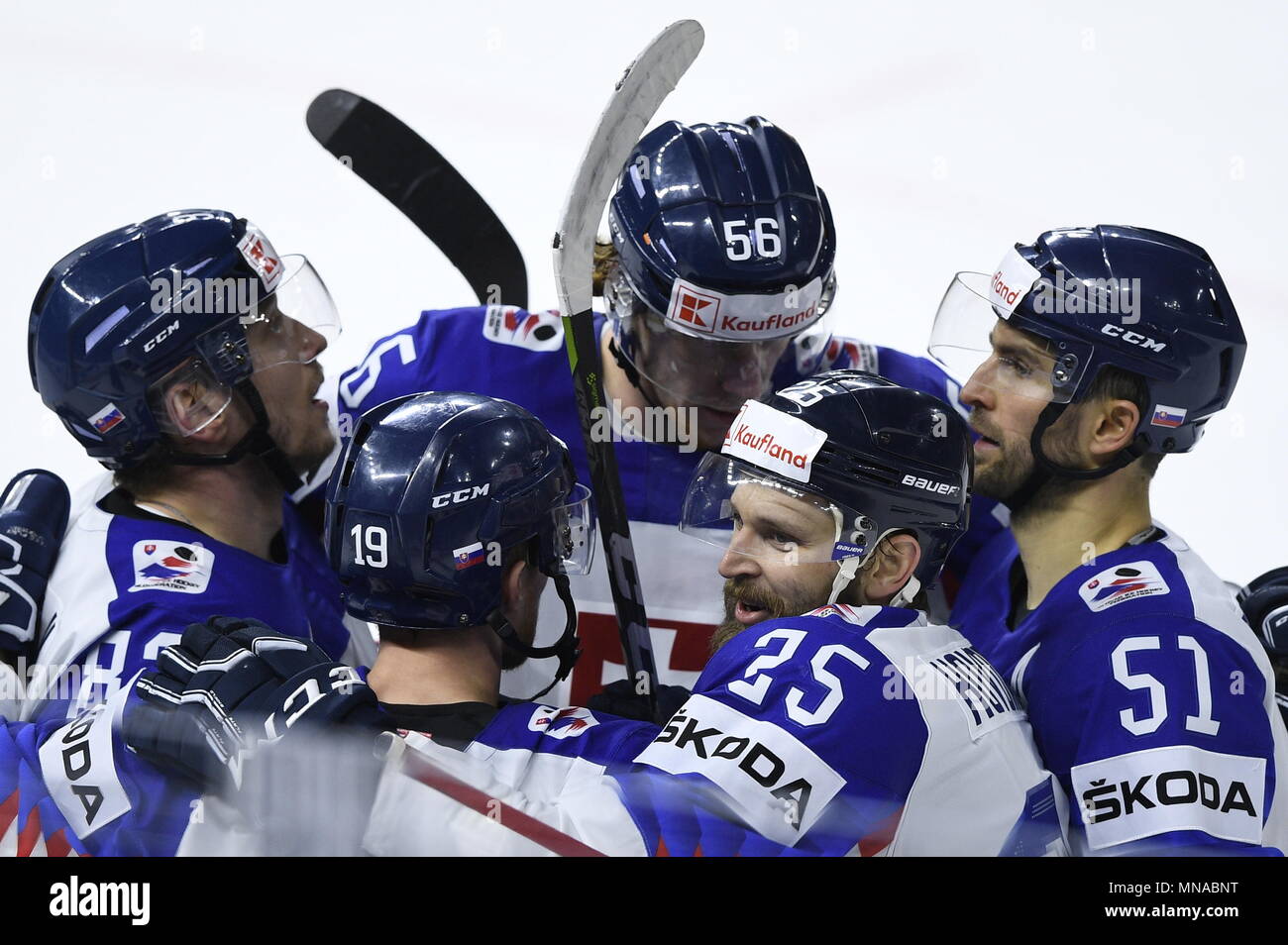 Kodan, Denmark. 15th May, 2018. Players of Slovakia celebrate a goal ...