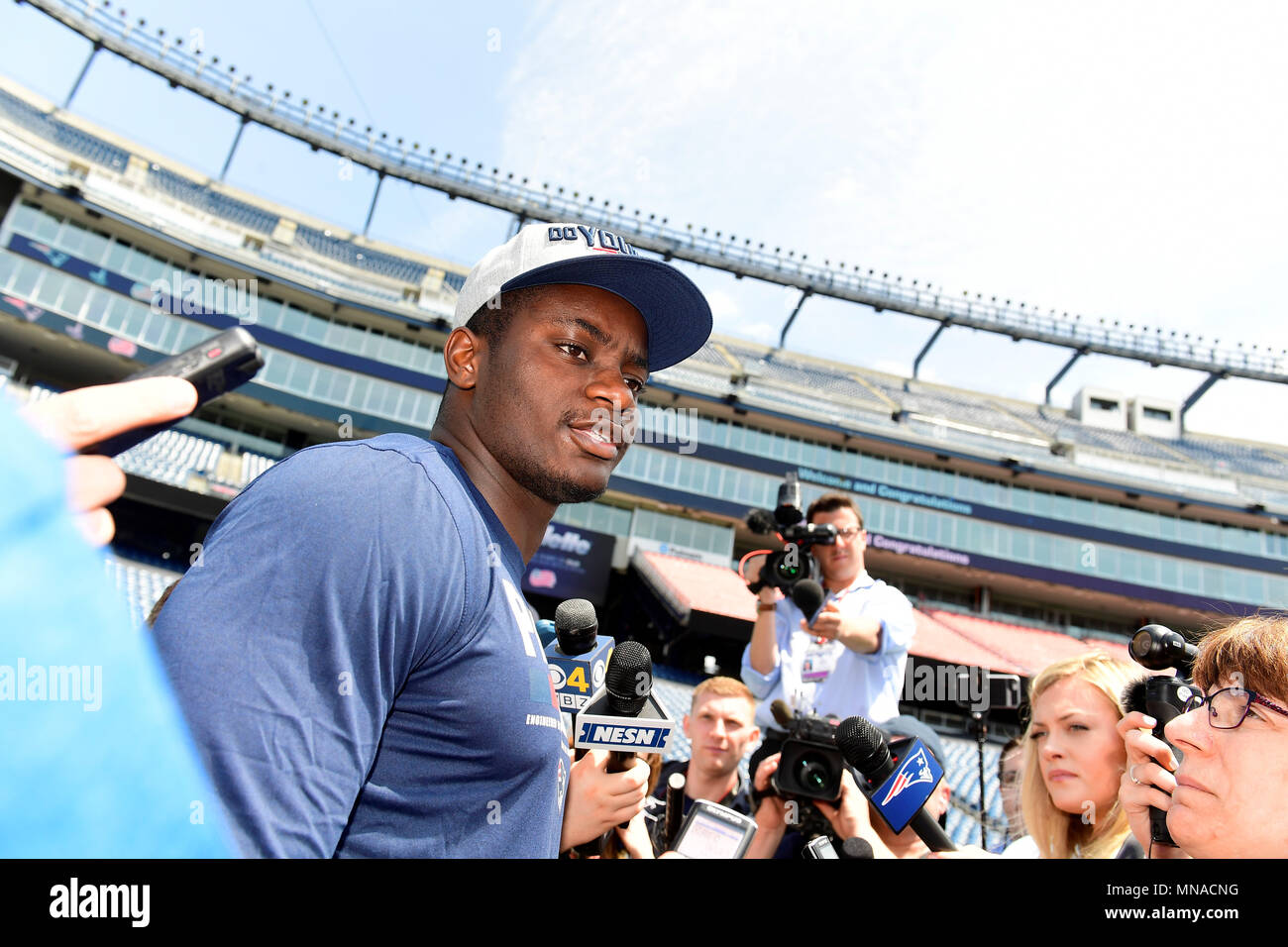 Foxborough, Massachusetts, USA. 15th May, 2018. New England Patriots linebacker Christian Sam is ...